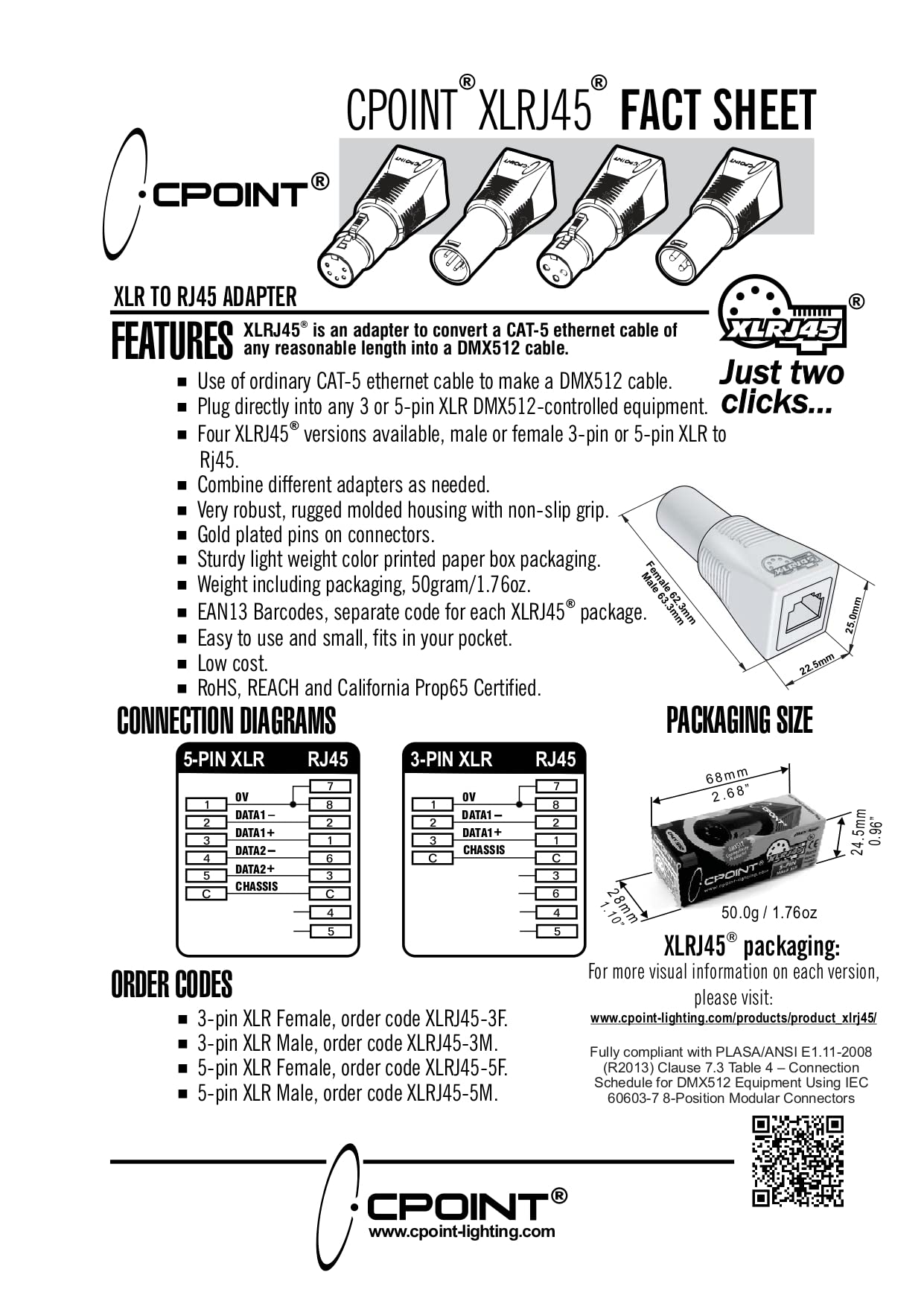 SIRS-E 2-Pack - CPoint XLR RJ45 Adapter CAT-5 Ethernet to DMX512 Cable Converter, Female 5-Pin, XLRJ45-5F