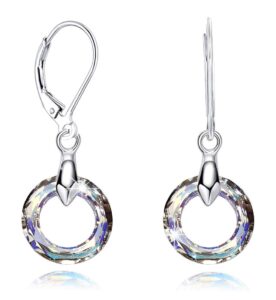 925 sterling silver circle earrings with austria crystal leverback dangle earrings hypoallergenic jewelry for women mom (aurore borealis crystal earrings)