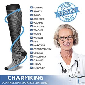 CHARMKING Compression Socks for Women & Men (8 Pairs) 15-20 mmHg Graduated Copper Support Socks are Best for Pregnant, Nurses - Boost Performance, Circulation, Knee High & Wide Calf (L/XL, Multi 29)