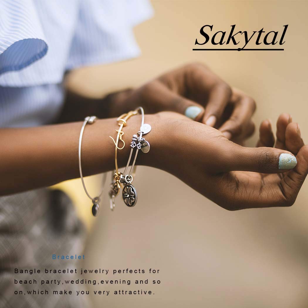 Sakytal Boho Layered Link Bracelets Silver Stackable Bracelet Set Circle Stacking Bracelet for Women(5PCS)