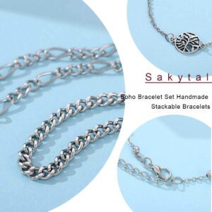 Sakytal Boho Layered Link Bracelets Silver Stackable Bracelet Set Circle Stacking Bracelet for Women(5PCS)