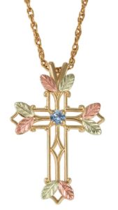 aquamarine pointed cross pendant necklace, 10k yellow gold, 12k green and rose black hills gold 18 inches