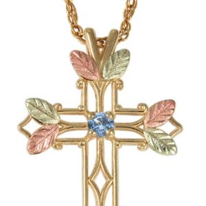 Aquamarine Pointed Cross Pendant Necklace, 10k Yellow Gold, 12k Green and Rose Black Hills Gold 18 Inches