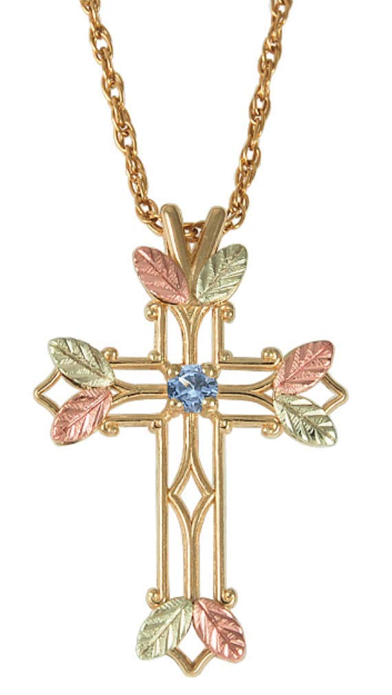 Aquamarine Pointed Cross Pendant Necklace, 10k Yellow Gold, 12k Green and Rose Black Hills Gold 18 Inches