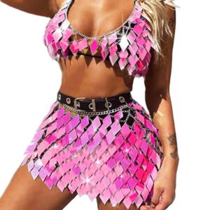 nicute sequins body chain suit sparkly fringe crop top with skirt sexy bikini jewelry fashion rave festival outfits for women and girls (pink)