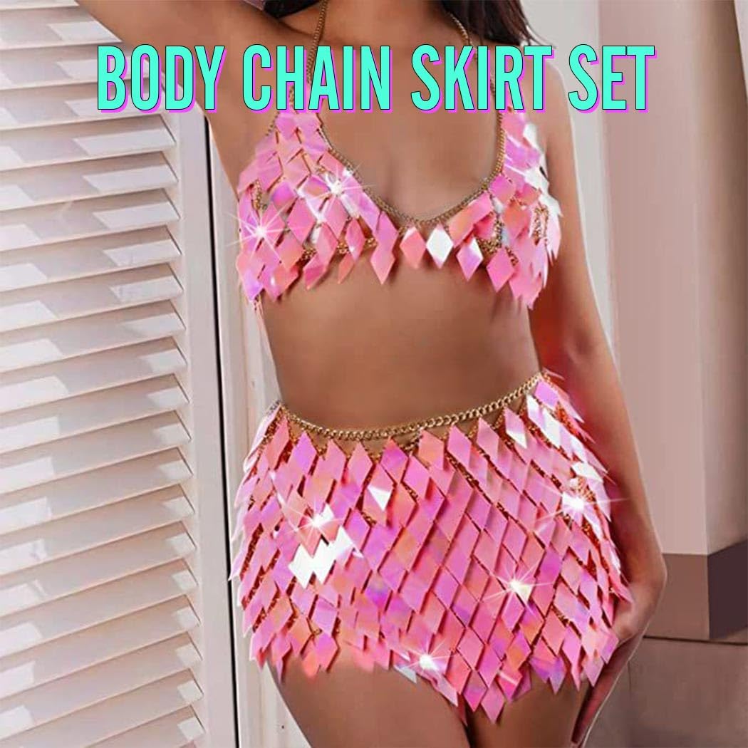 Nicute Sequins Body Chain Suit Sparkly Fringe Crop Top with Skirt Sexy Bikini Jewelry Fashion Rave Festival Outfits for Women and Girls (Pink)