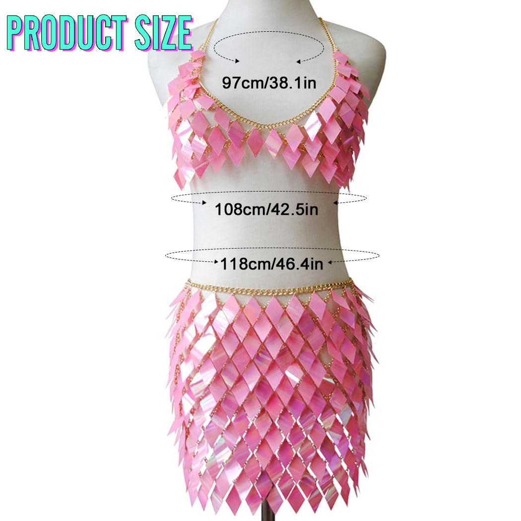 Nicute Sequins Body Chain Suit Sparkly Fringe Crop Top with Skirt Sexy Bikini Jewelry Fashion Rave Festival Outfits for Women and Girls (Pink)