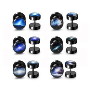 piercingj 6 pairs faux gauges earrings 18g solar system galaxy universe stainless steel stud barbell 00g cheater fake ear plugs illusion tunnel piercing stud screw earrings