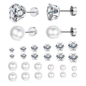 jstyle 12pairs stainless steel round clear cubic zirconia pearl stud earring for women cz earrings 3-8mm