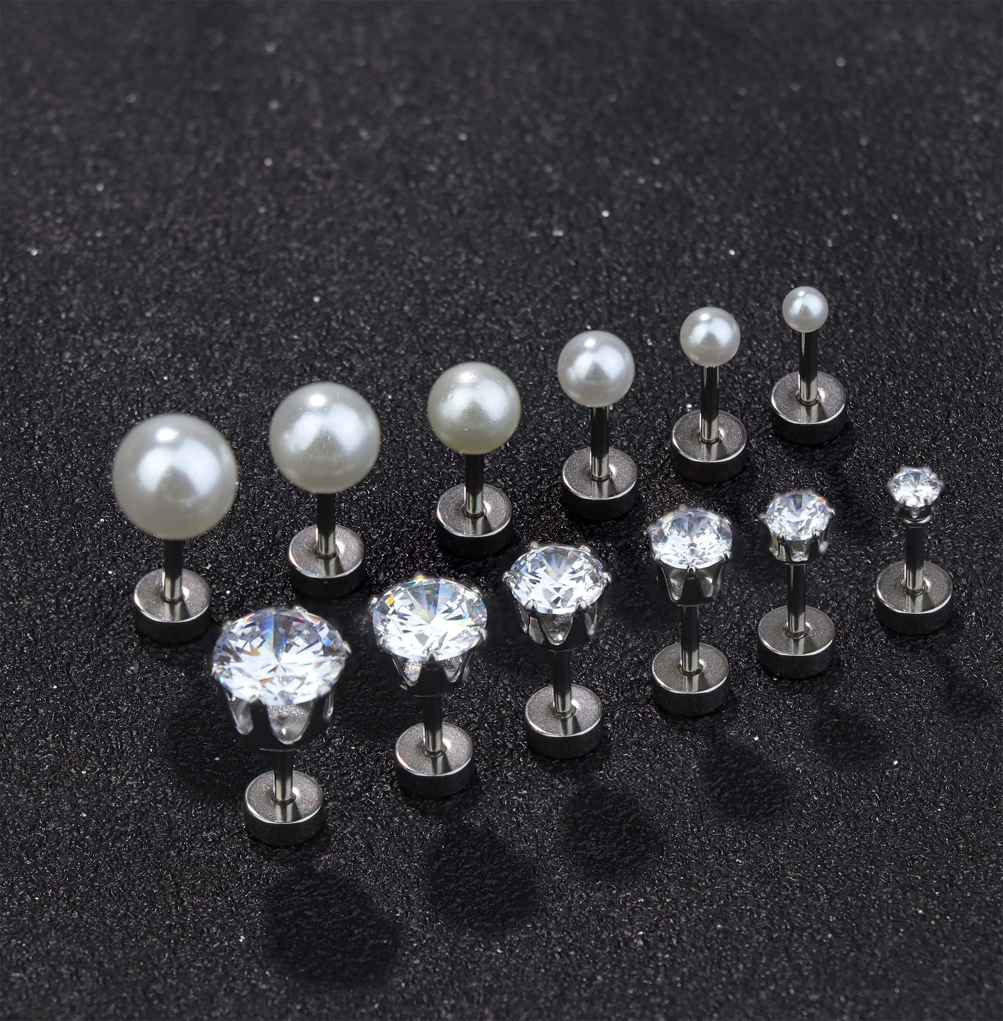 Jstyle 12Pairs Stainless Steel Round Clear Cubic Zirconia Pearl Stud Earring for Women CZ Earrings 3-8MM