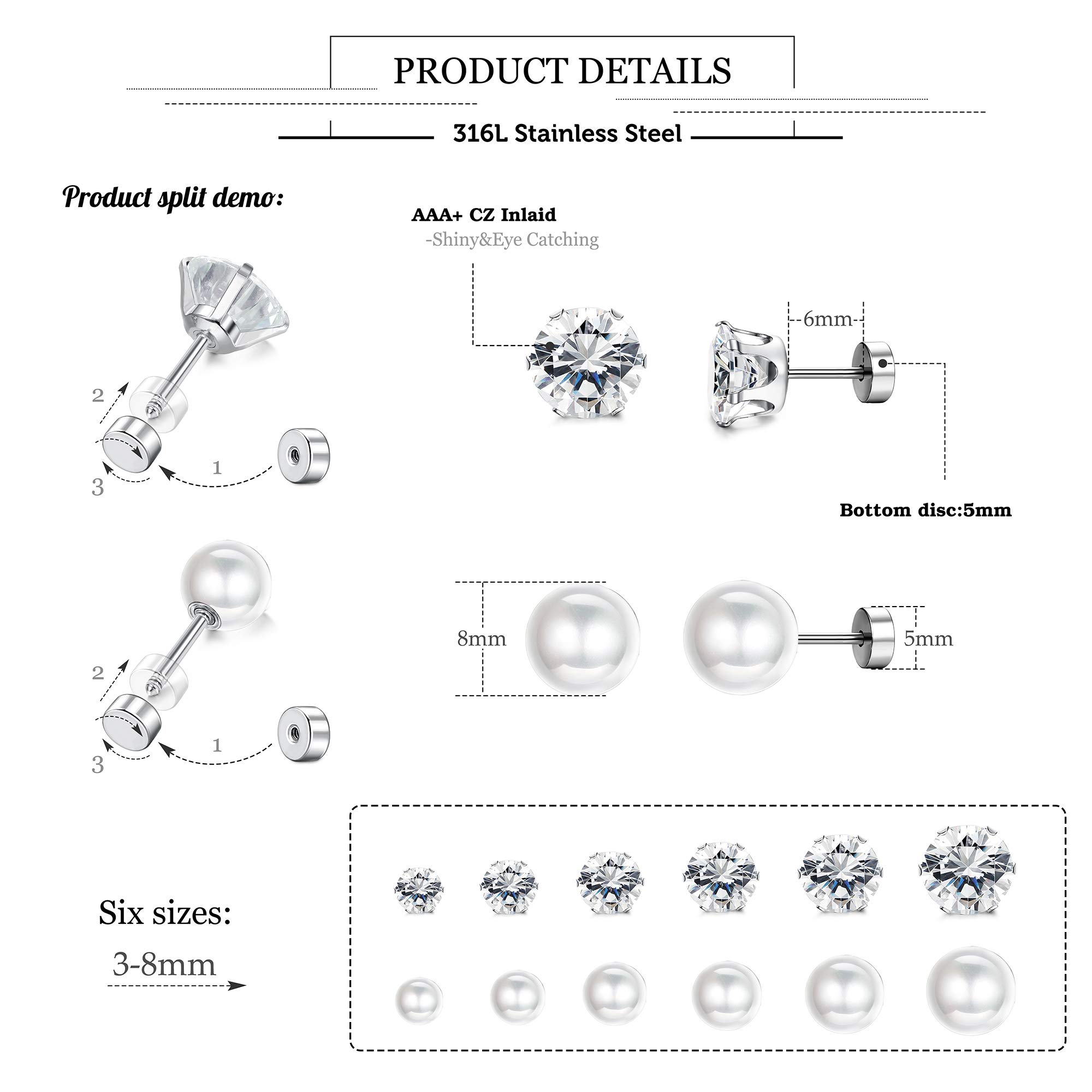 Jstyle 12Pairs Stainless Steel Round Clear Cubic Zirconia Pearl Stud Earring for Women CZ Earrings 3-8MM