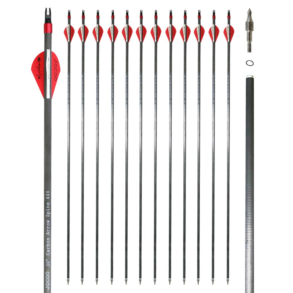 Jocoo 12 Pack 30 Inch Carbon Arrows, Hunting and Target Practice Arrows for Compound Bow and Recurve Bow, Spine 400 with Removable Tips