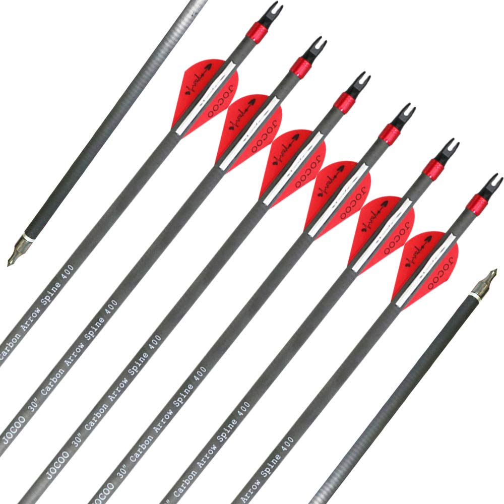 Jocoo 12 Pack 30 Inch Carbon Arrows, Hunting and Target Practice Arrows for Compound Bow and Recurve Bow, Spine 400 with Removable Tips