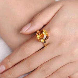 Antique Vintage 9.67ct Natural Citrine Crystal 14K Yellow Gold Wedding Promise Engagement Women's Band Ring Set