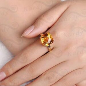 Antique Vintage 9.67ct Natural Citrine Crystal 14K Yellow Gold Wedding Promise Engagement Women's Band Ring Set