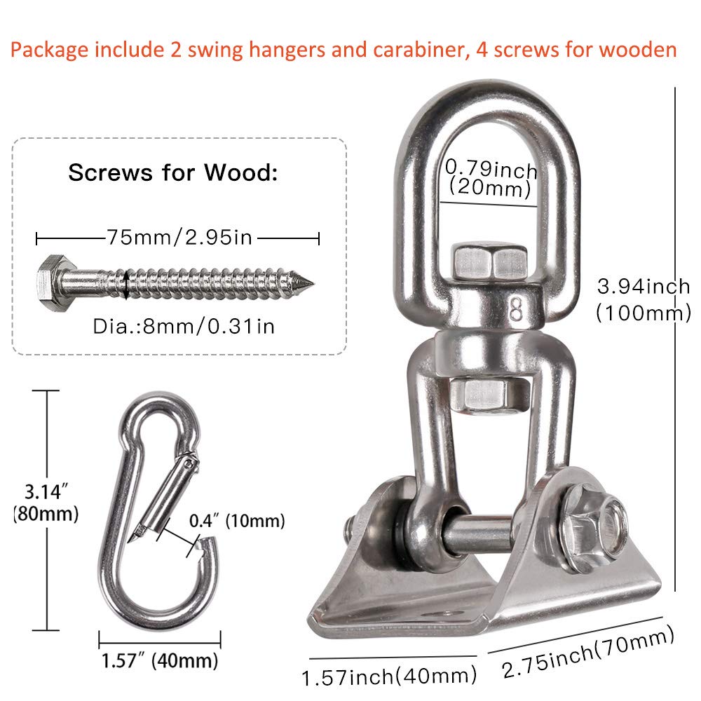 WAREMAID 2 Pack Heavy Duty 360° Swivel Swing Hanger, Stainless Steel Swing Hook for Ceiling Wooden Swing Set Bracket, Punching Bag Hanger for Playground Gym Rope Hammock Chair Swing, 1200 Lb Load