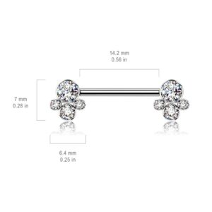 Dynamique Implant Grade Titanium Nipple Barbells With CZ Bezel Set Internally Threaded Pet Paw Ends (Sold Per Pair Or Per Piece)