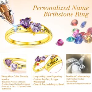 Custom4U Personalized Engagement Ring with 2 Heart Shaped Birthstones, 18K Gold Plated 925 Sterling Silver Finger Ring for Couple Customized Gift for Valentine's Day