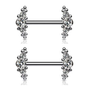 dynamique implant grade titanium nipple barbells with bezel set cz and micro ball cluster internally threaded ends (sold per pair or per piece)