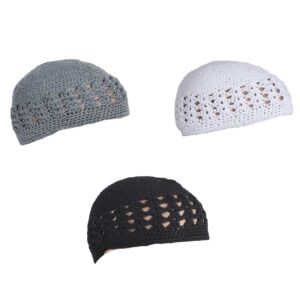 qovelly 100% cotton lattice crochet knit kufi caps 3 packed skull covers hat(set1)