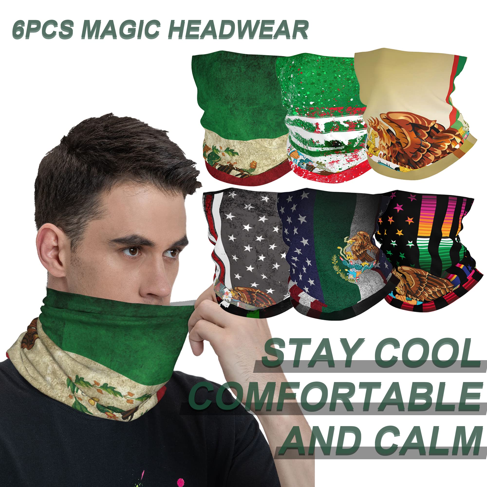 HSELOGI 6pcs Men&Women USA Mexico Flag Magic Headband Tuba Bandana,Neck Gaiter, Headwear, Balaclava, Headwrap,Wristband Seamless for Outdoor Running Cycling Skating Work Out