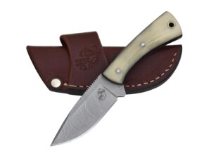 knives ranch fixed blade hunting knife - full tang edc knife - damascus skinning knife - bone handle and heavy duty horizontal carry sheath snug fit (4402-b)