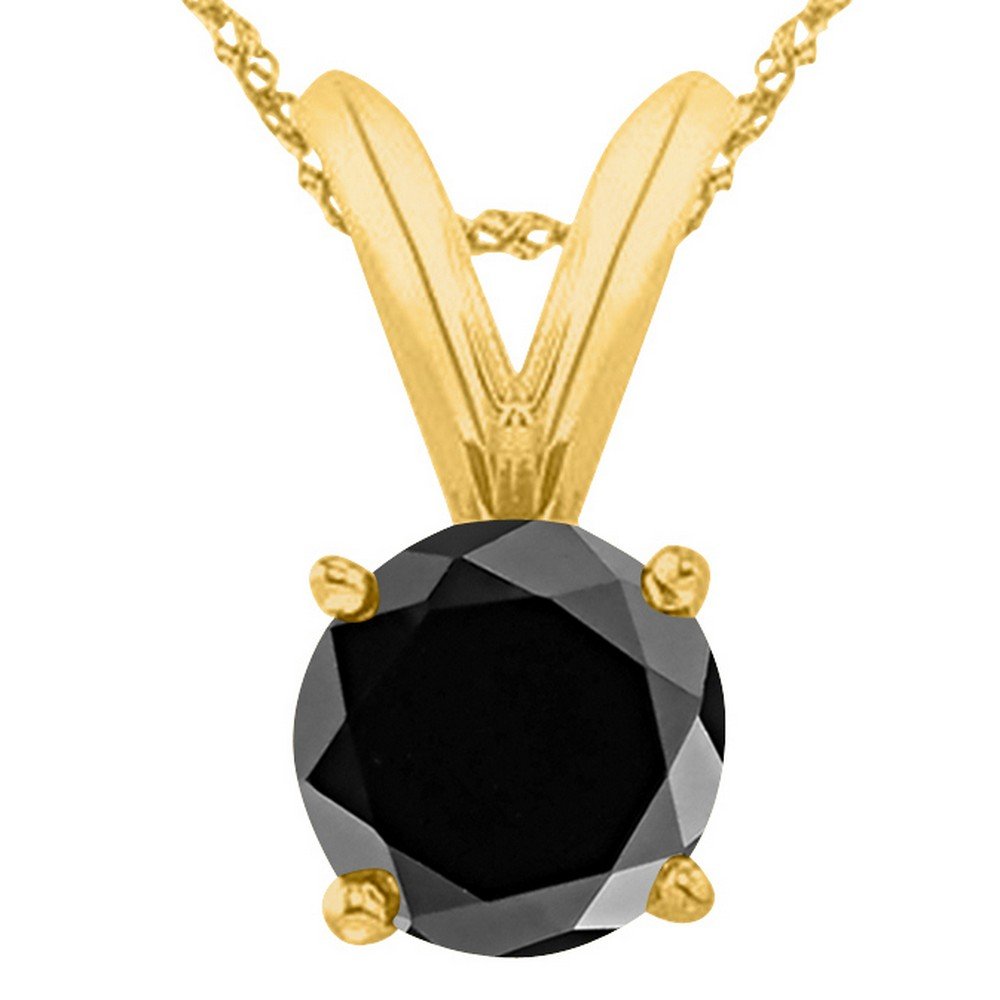 3 Carat 14K Yellow Gold Round Black Diamond 4 Prong Solitaire Pendant Necklace (AAA Quality) W/ 16" Gold Chain