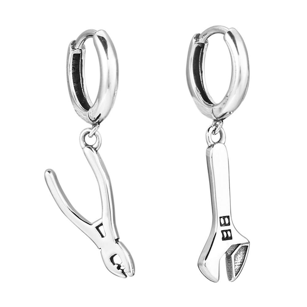 Asymmetric Pliers Wrench S925 Sterling Silver Dangle Drop Small Hoop Earrings for Women Men Teen Boys Couples Personalized Vintage Dangling Hypoallergenic Gifts for Best Friend Birthday