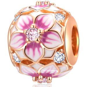 rose gold magnolia bloom charms fit pandora valentines bracelet, 925 sterling silver magnolia flower pale cerise enamel cz beads, gift for lovers/best mom/first mothers day