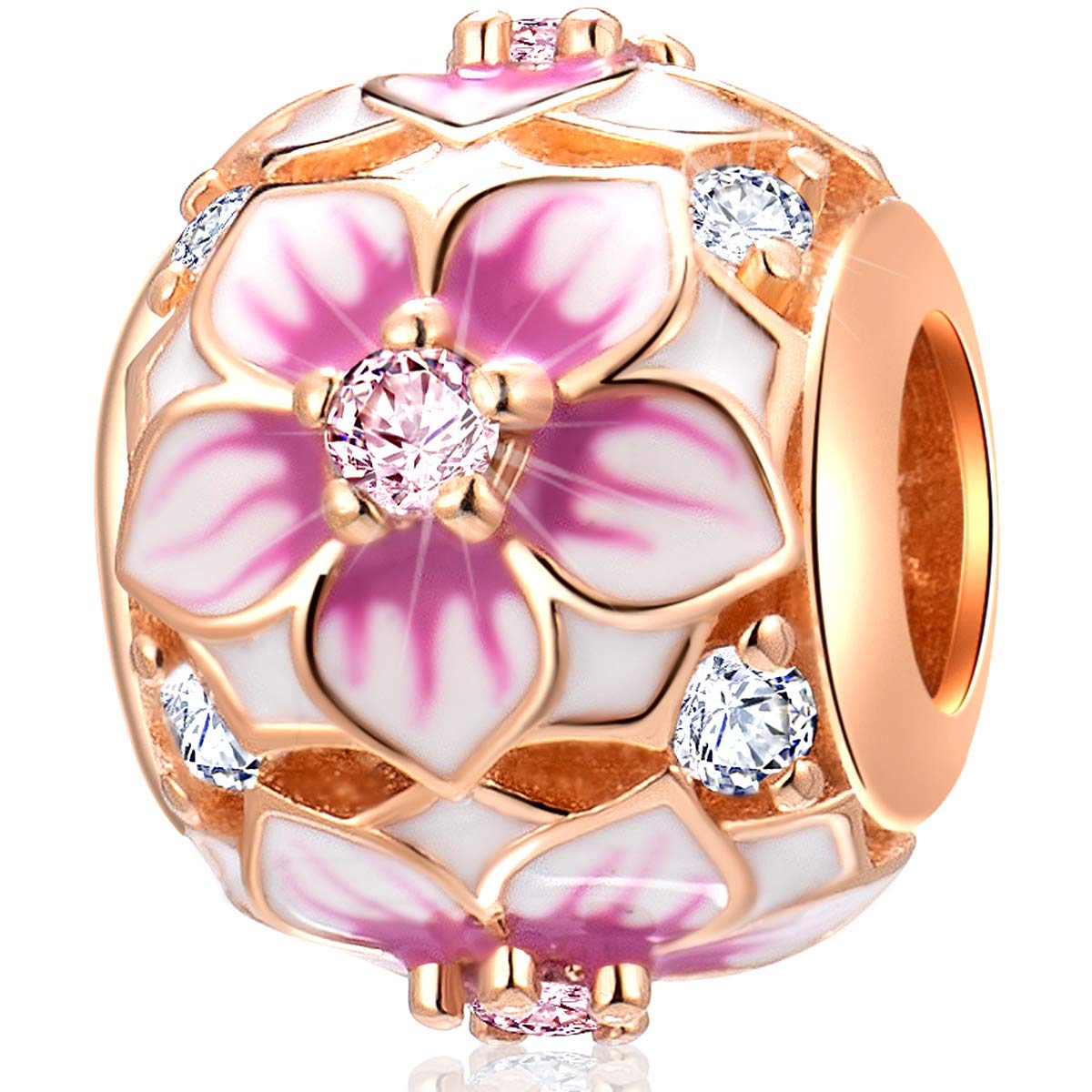 Rose Gold Magnolia Bloom Charms fit Pandora Valentines Bracelet, 925 Sterling Silver Magnolia Flower Pale Cerise Enamel CZ Beads, Gift for Lovers/Best Mom/First Mothers Day