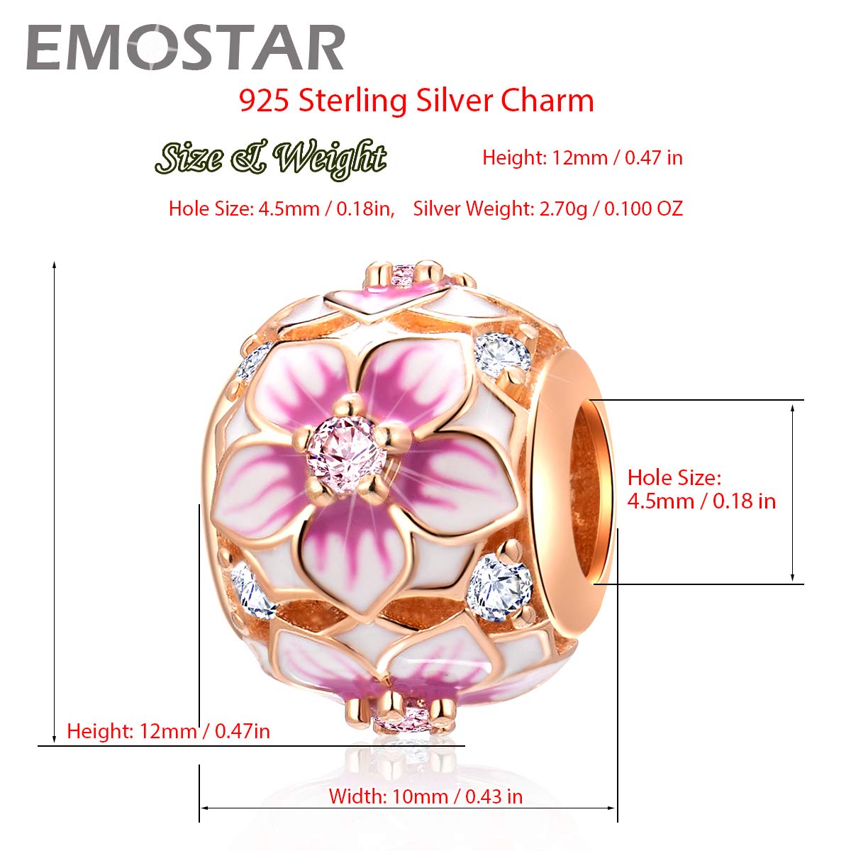 Rose Gold Magnolia Bloom Charms fit Pandora Valentines Bracelet, 925 Sterling Silver Magnolia Flower Pale Cerise Enamel CZ Beads, Gift for Lovers/Best Mom/First Mothers Day