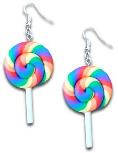 colorful rainbow lollipop dangle earrings sweet lovely swirl lollipop candy pendant drop earrings sugar sweets set for women (iridescent)