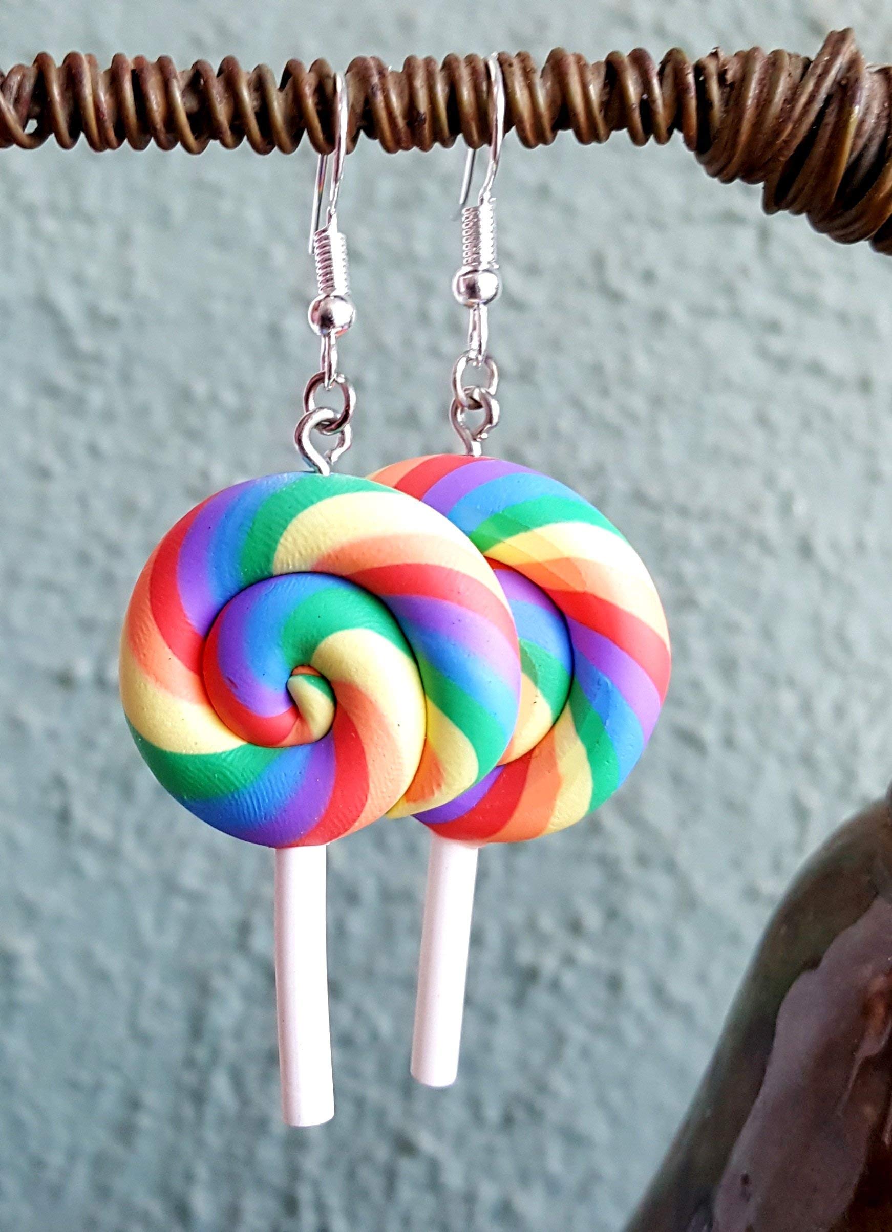 Colorful Rainbow Lollipop Dangle Earrings Sweet Lovely Swirl Lollipop Candy Pendant Drop Earrings Sugar Sweets Set for Women (Iridescent)