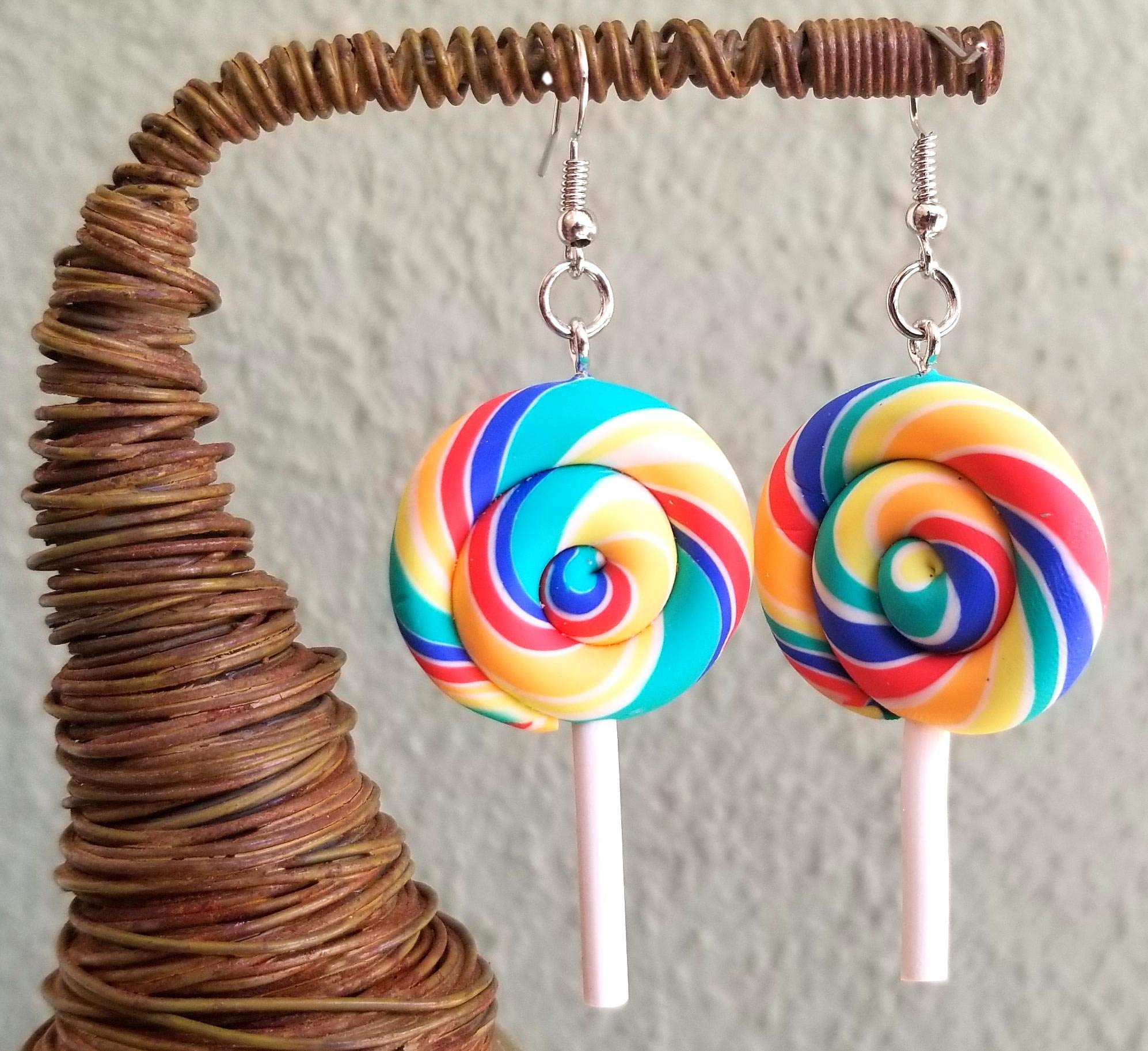 Colorful Rainbow Lollipop Dangle Earrings Sweet Lovely Swirl Lollipop Candy Pendant Drop Earrings Sugar Sweets Set for Women (Iridescent)