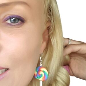 Colorful Rainbow Lollipop Dangle Earrings Sweet Lovely Swirl Lollipop Candy Pendant Drop Earrings Sugar Sweets Set for Women (Iridescent)