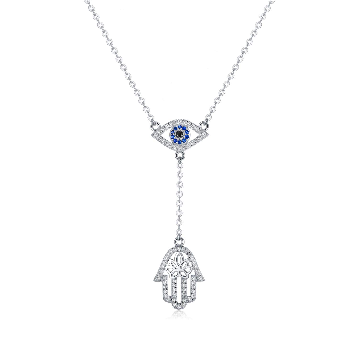 PEIMKO Evil Eye Necklace 925 Sterling Silver Hamsa hand Y Lariat Protection Amulet Evil Eye Jewelry Birthday Gift for Women