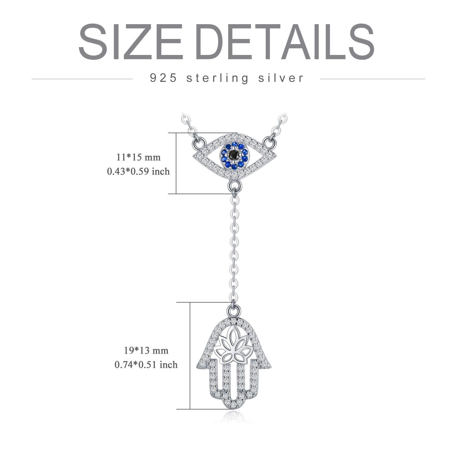 PEIMKO Evil Eye Necklace 925 Sterling Silver Hamsa hand Y Lariat Protection Amulet Evil Eye Jewelry Birthday Gift for Women