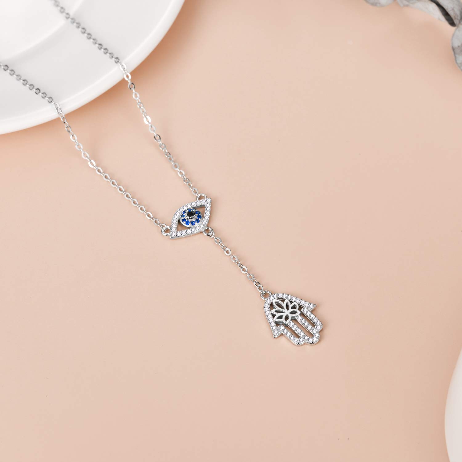 PEIMKO Evil Eye Necklace 925 Sterling Silver Hamsa hand Y Lariat Protection Amulet Evil Eye Jewelry Birthday Gift for Women