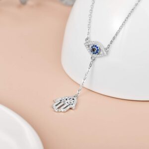 PEIMKO Evil Eye Necklace 925 Sterling Silver Hamsa hand Y Lariat Protection Amulet Evil Eye Jewelry Birthday Gift for Women