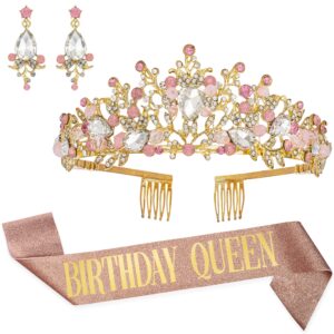 zipoka birthday queen birthday sash for women - premium rhinestone birthday tiara crown & earring kit - rose gold birthday crowns for women - girls pink happy birthday sash and tiara for women