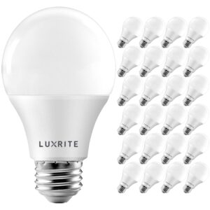 luxrite a19 led bulb 60w equivalent, 3000k soft white, 800 lumens, dimmable standard led light bulbs 9w, enclosed fixture rated, energy star, e26 medium base - indoor and outdoor (24-pack)