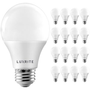 luxrite a19 led bulb 60w equivalent, 3000k soft white, 800 lumens, dimmable standard led light bulbs 9w, enclosed fixture rated, energy star, e26 medium base - indoor and outdoor (16-pack)