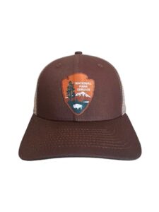 national park service trucker mens snapback hat with national park service (nps) woven patch (brown on khaki)