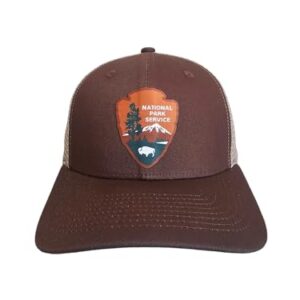 National Park Service Trucker mens Snapback Hat with National Park Service (NPS) Woven Patch (Brown on Khaki)