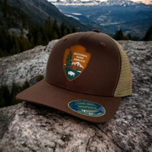 National Park Service Trucker mens Snapback Hat with National Park Service (NPS) Woven Patch (Brown on Khaki)