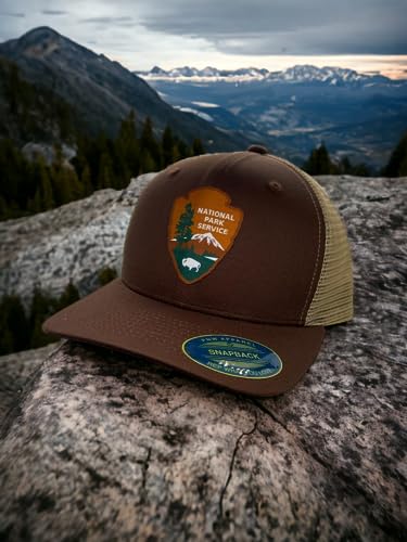 National Park Service Trucker mens Snapback Hat with National Park Service (NPS) Woven Patch (Brown on Khaki)