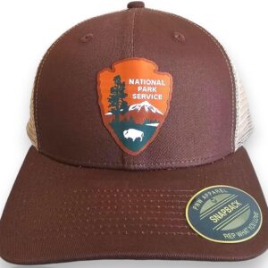 National Park Service Trucker mens Snapback Hat with National Park Service (NPS) Woven Patch (Brown on Khaki)