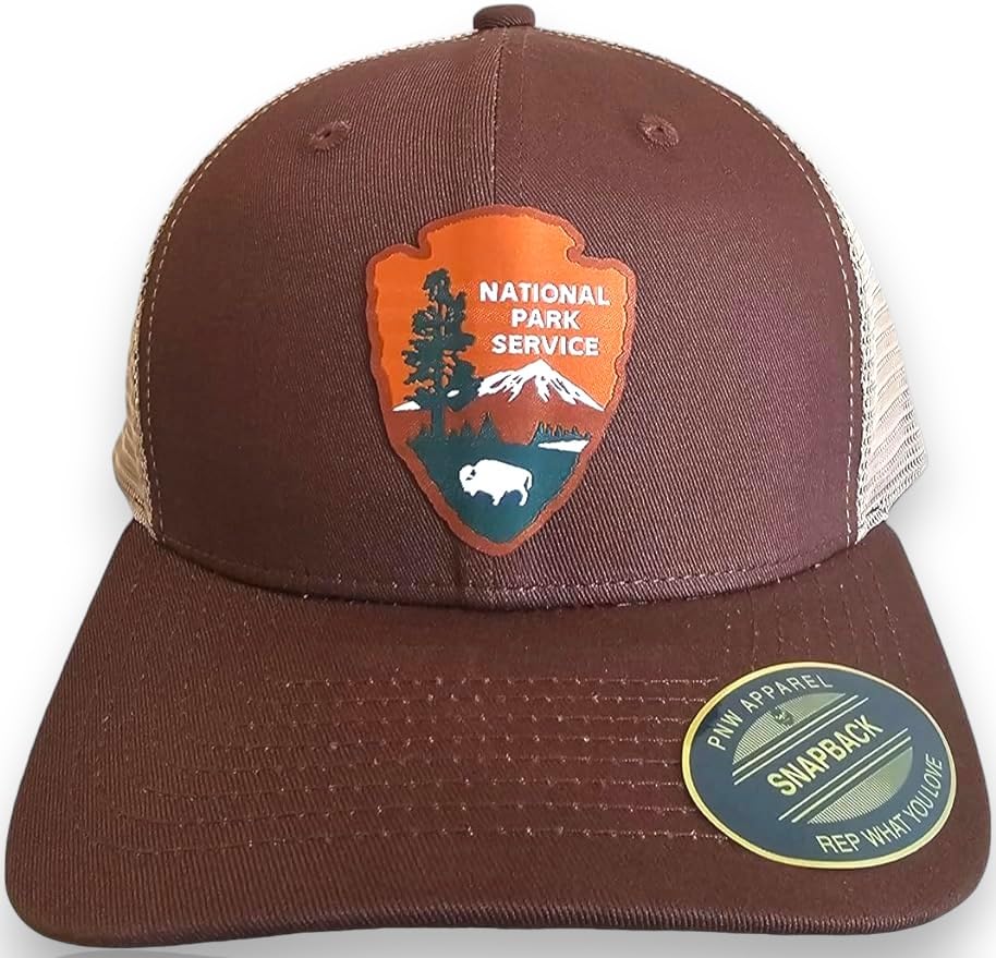 National Park Service Trucker mens Snapback Hat with National Park Service (NPS) Woven Patch (Brown on Khaki)