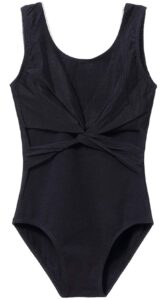 mdnmd sleeveless tank leotard for girls with mesh cross front (black, 12-14 years)