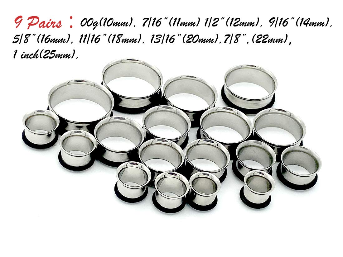 HEKEUOR 00G 7/16” 1/2” 9/16” 5/8” 11/16” 13/16” 7/8” 1” Ear Gauge Stretching Kit Stainless Steel Tapers and Plugs Set